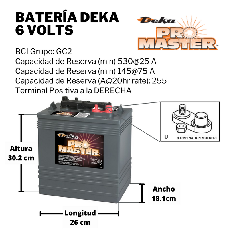 BATERIA DEKA 6 VOLT CICLO PROFUNDO - CARRO DE GOLF - GRUAS DE ELEVACIO